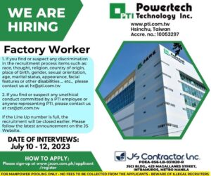 Hiring Factory Workers for PTI under JS Contractor Agency
