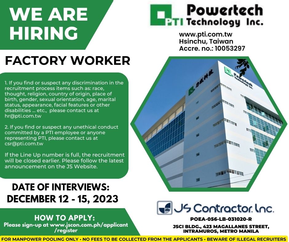 Taiwan Hiring Factory Workers for Powertech Technology Inc.
