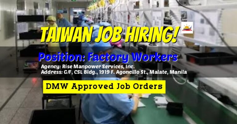 DMW: Taiwan Hiring Factory Workers under Rise Manpower Services, Inc.