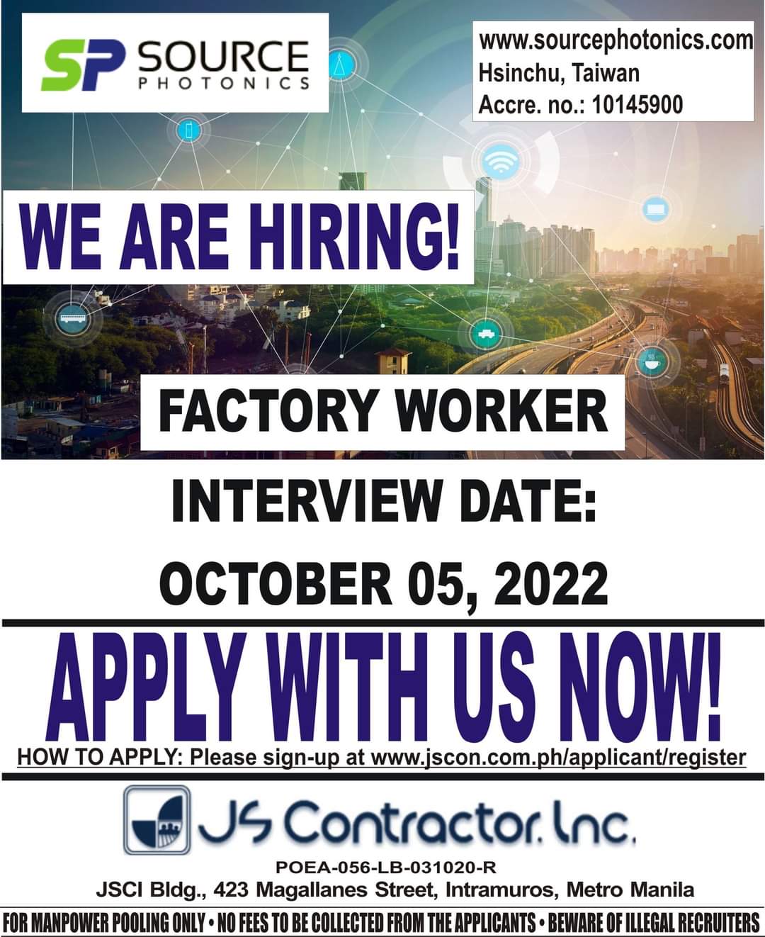 Hiring Factory Workers for Source Photonics Corp. under JS Contractor ...