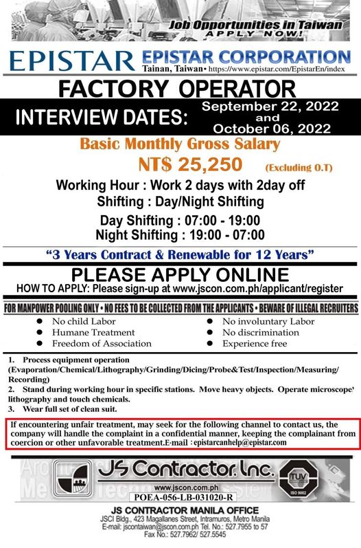 Hiring Factory Workers for Epistar Corp. under JS Contractor Inc.