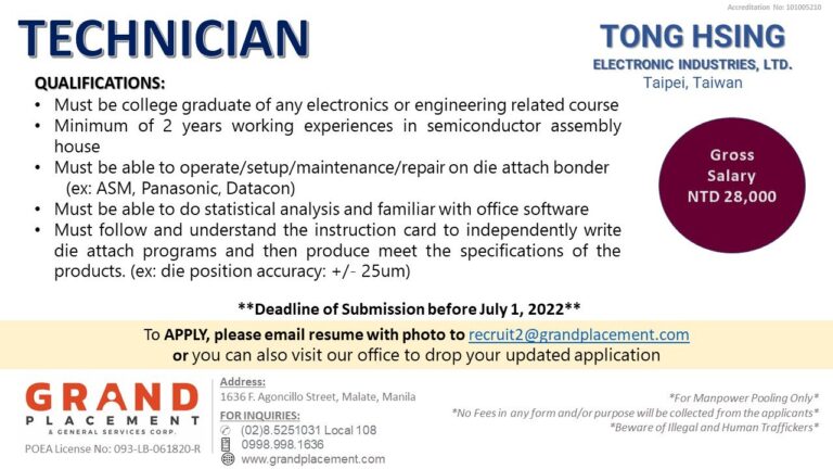 Hiring Technicians for Tong Hsing Electronics Industry co., Ltd. under ...