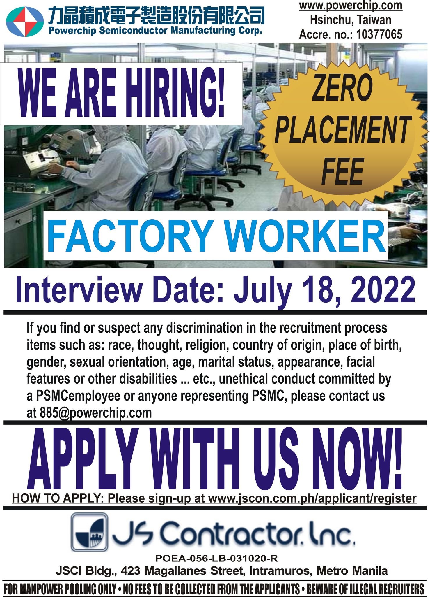 Hiring Factory Workers for PSMC under JS Contractor Inc.