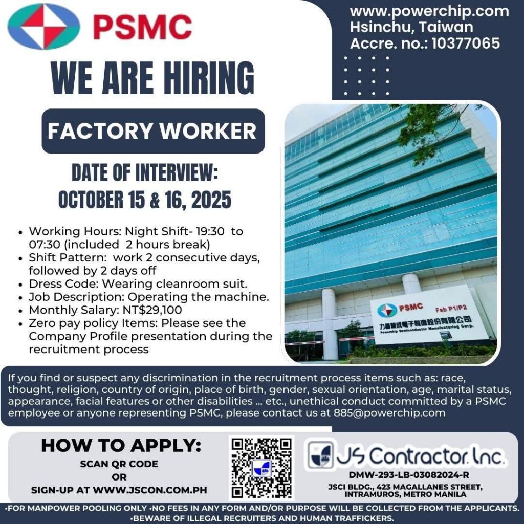 Urgent Hiring: Factory Workers for Powerchip Semiconductor ...