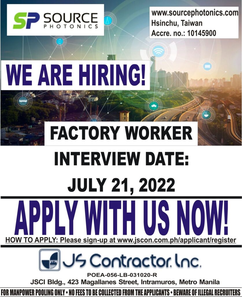 Hiring Factory Workers for Source Photonics Corp. under JS Contractor ...