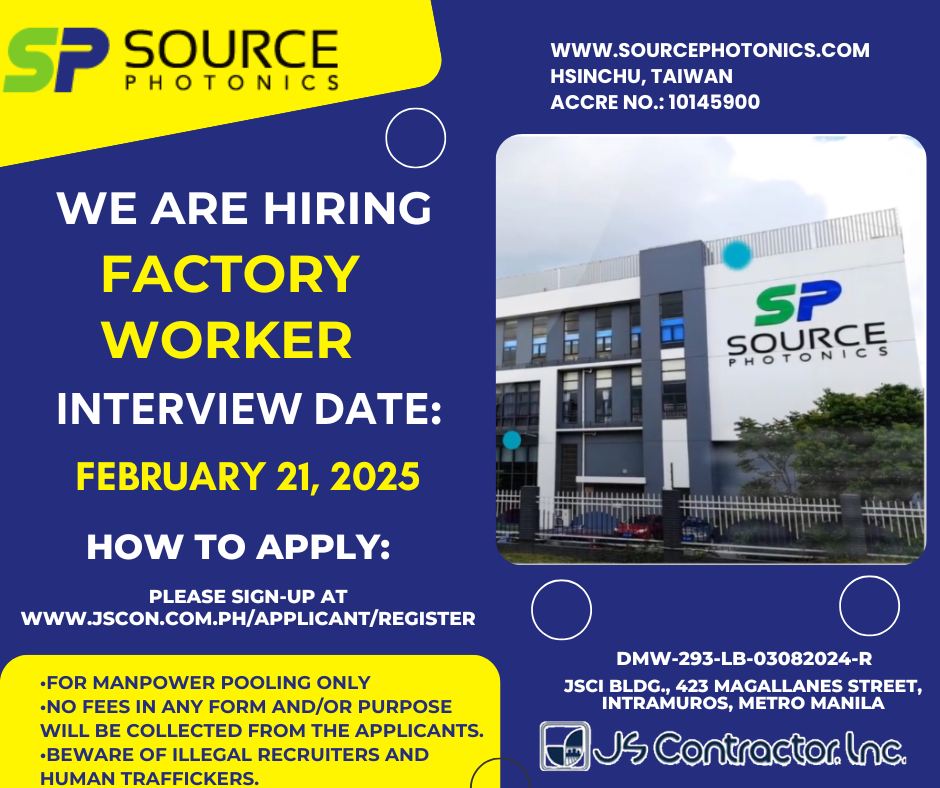 Taiwan Hiring Factory Workers for Source Photonics Corp. | Apply Online ...