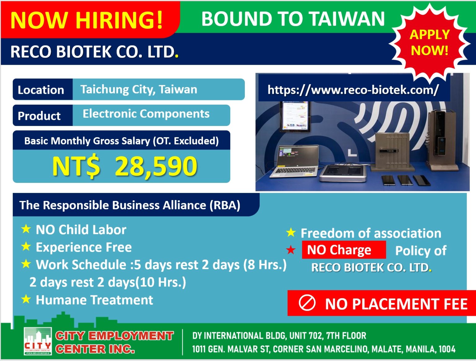 Now Hiring Factory Workers for Reco Biotek Co., Ltd. | No Placement Fee