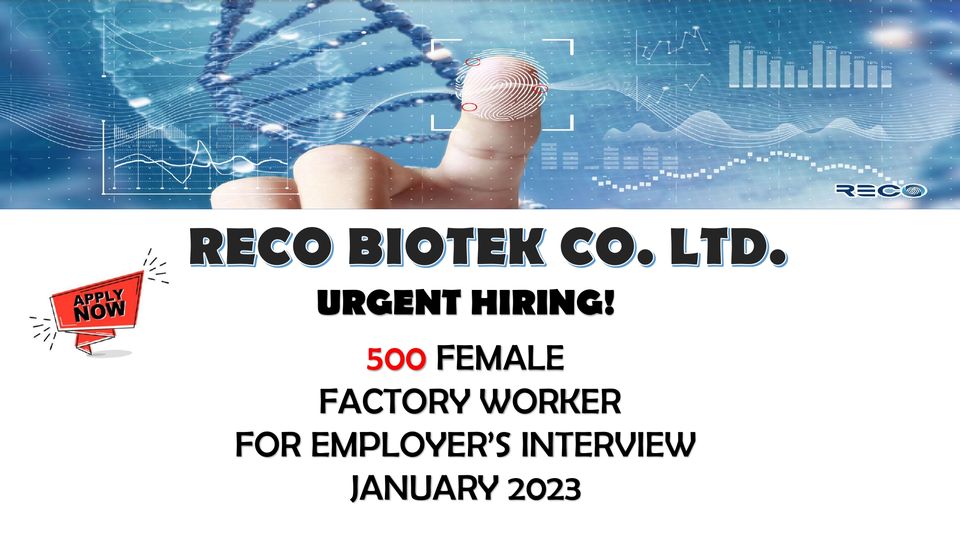 Now Hiring Female Factory Workers for Reco Biotek Co., Ltd. - kaagapay ...