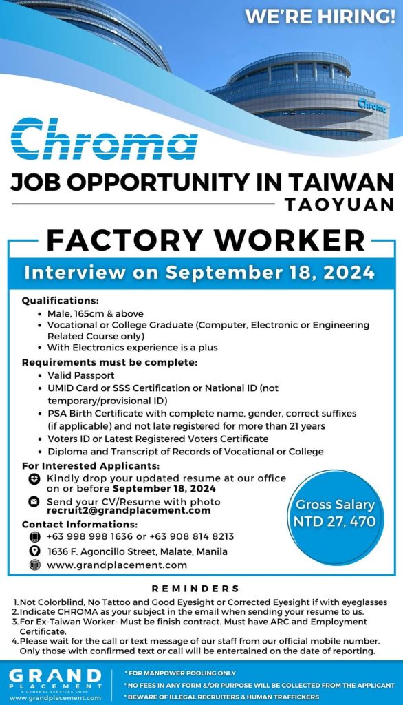 Hiring Factory Workers for Chroma under Grand Placement