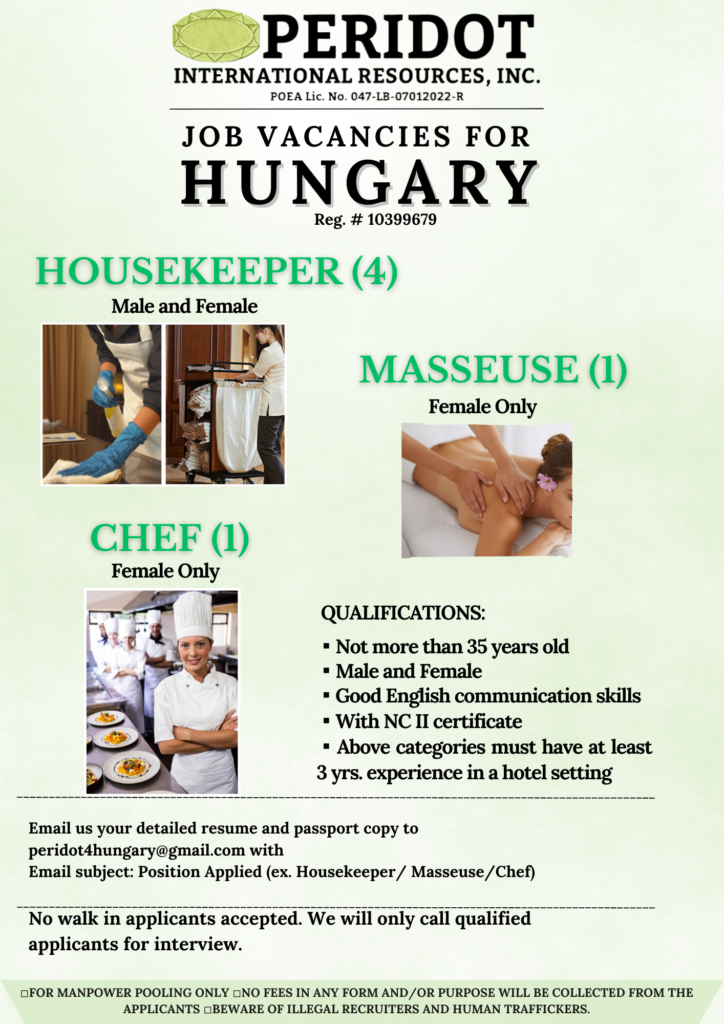 Hiring Housekeeper / Masseuse / Chef under Peridot International ... Hiring Housekeeper / Masseuse / Chef under Peridot International ...