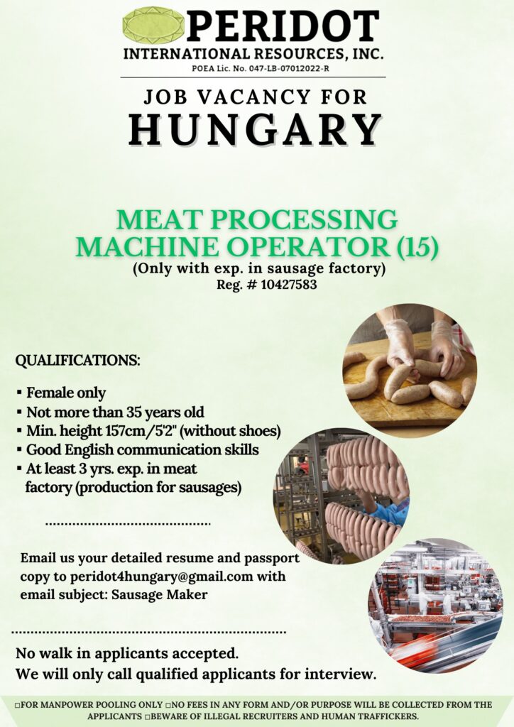 Hiring Meat Processing Machine Operator under Peridot International ...