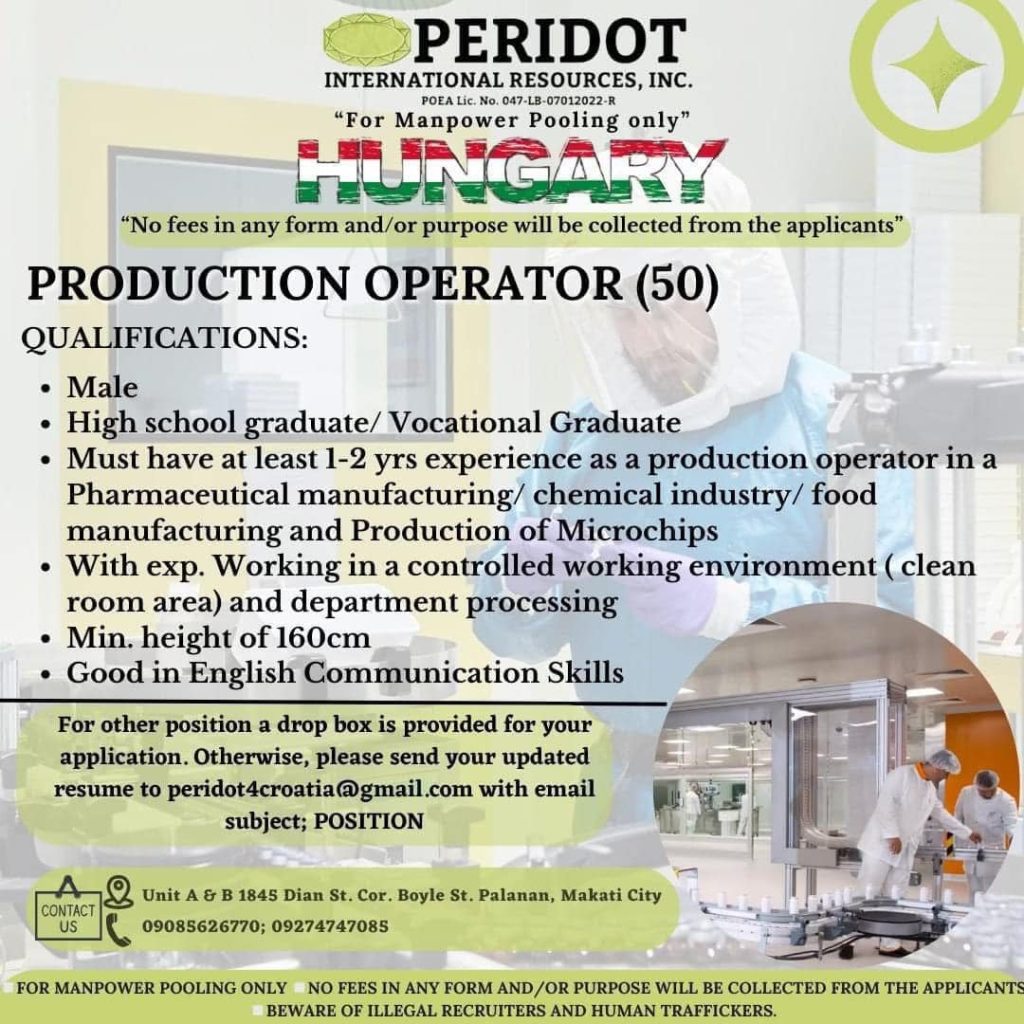 Hungary Hiring Production Worker under Peridot International Resources ...