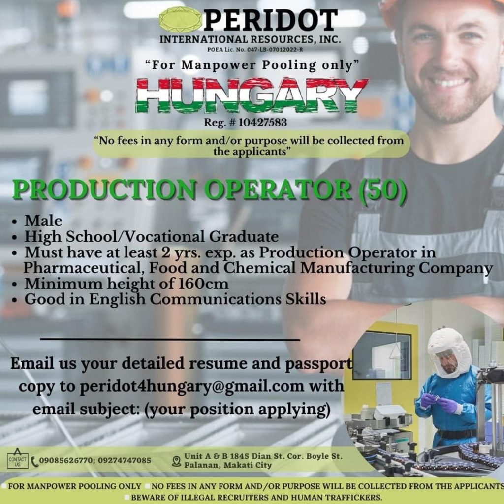 Hungary Hiring Production Worker under Peridot International Resources ... Hungary Hiring Production Worker under Peridot International Resources ...