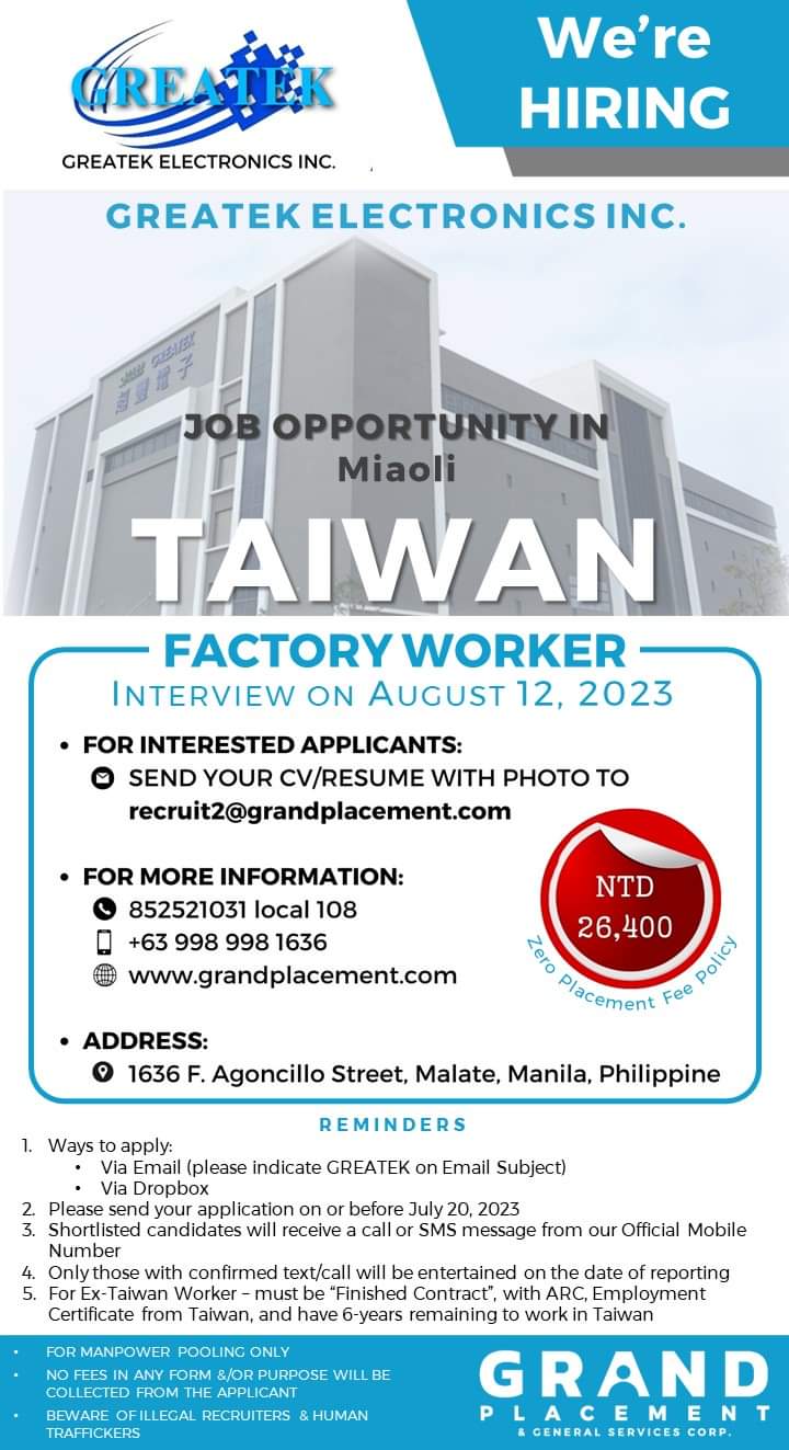 Taiwan Hiring Factory Workers for Greatek Electronics Inc