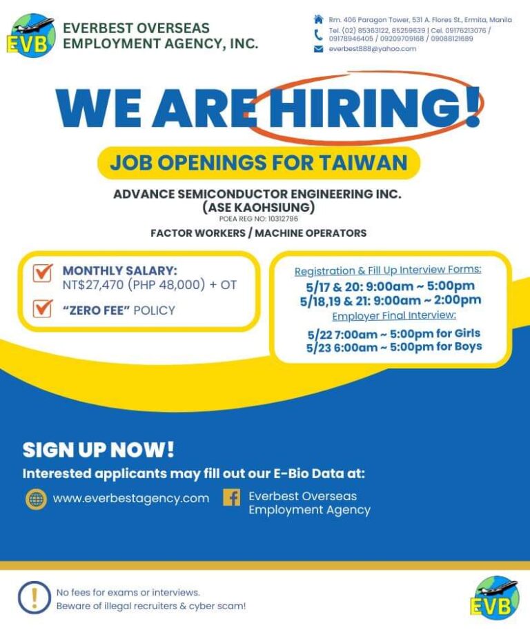 Taiwan Urgent Hiring Factory Workers for ASE Kaohsiung