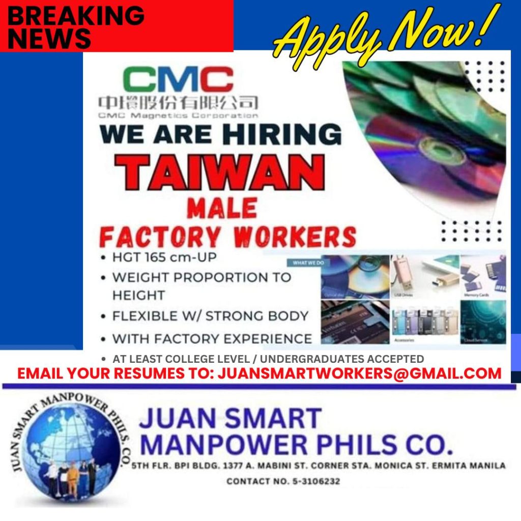Taiwan Hiring Factory Workers for CMC Magnetics Corporation