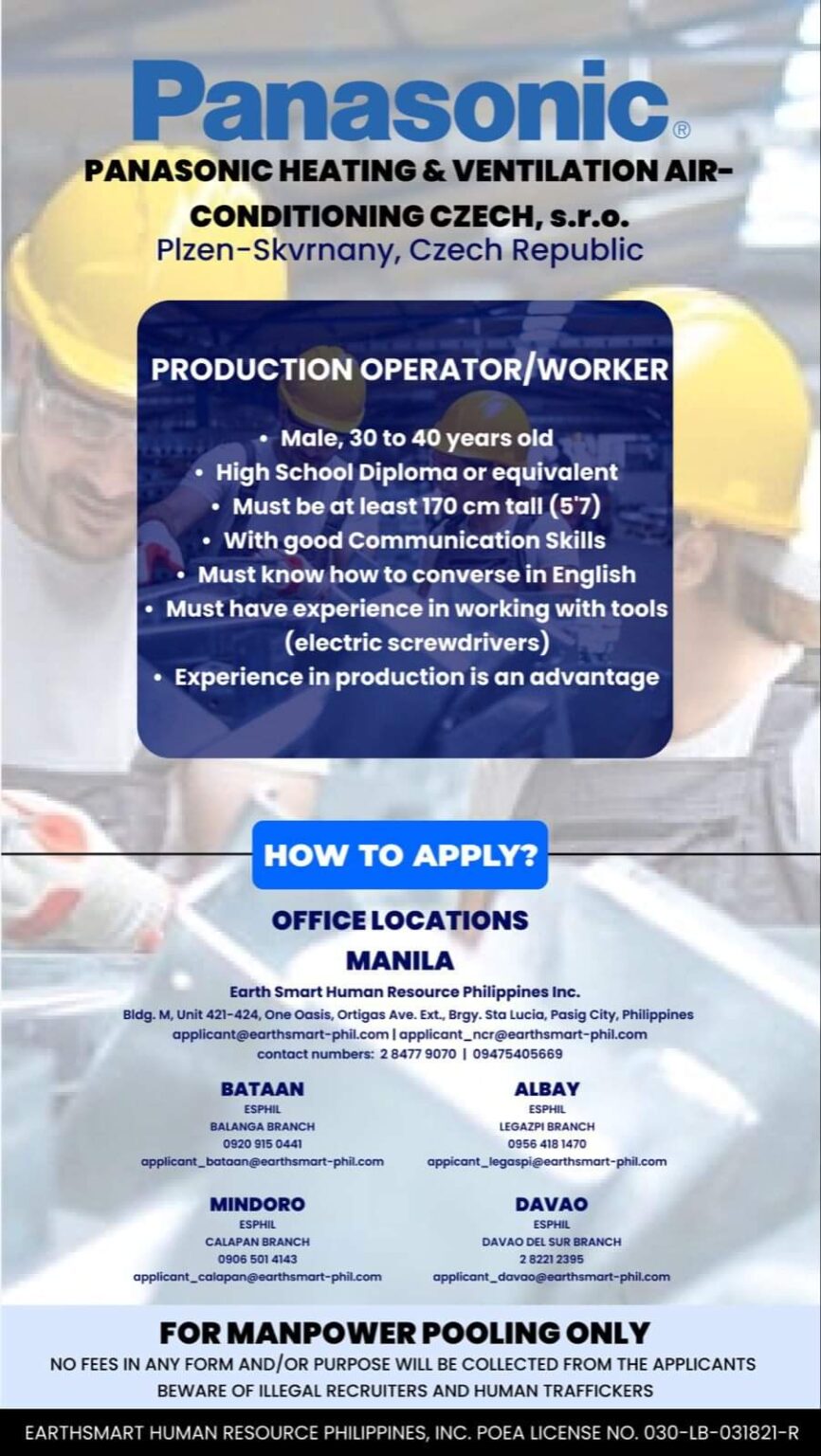 Hiring Production Workers for Panasonic Heating and Ventilation Air-conditioning Czech