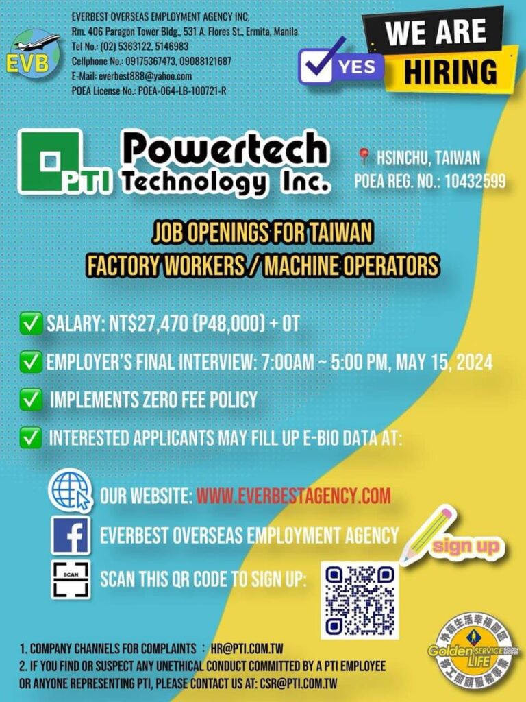 Hiring Factory Workers for Powertech Technology Inc. - Pinoy Refresher 2016