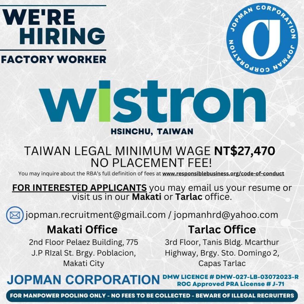 Taiwan Urgent Hiring Factory Workers for Wistron Corporation - Pinoy Refresher 2016