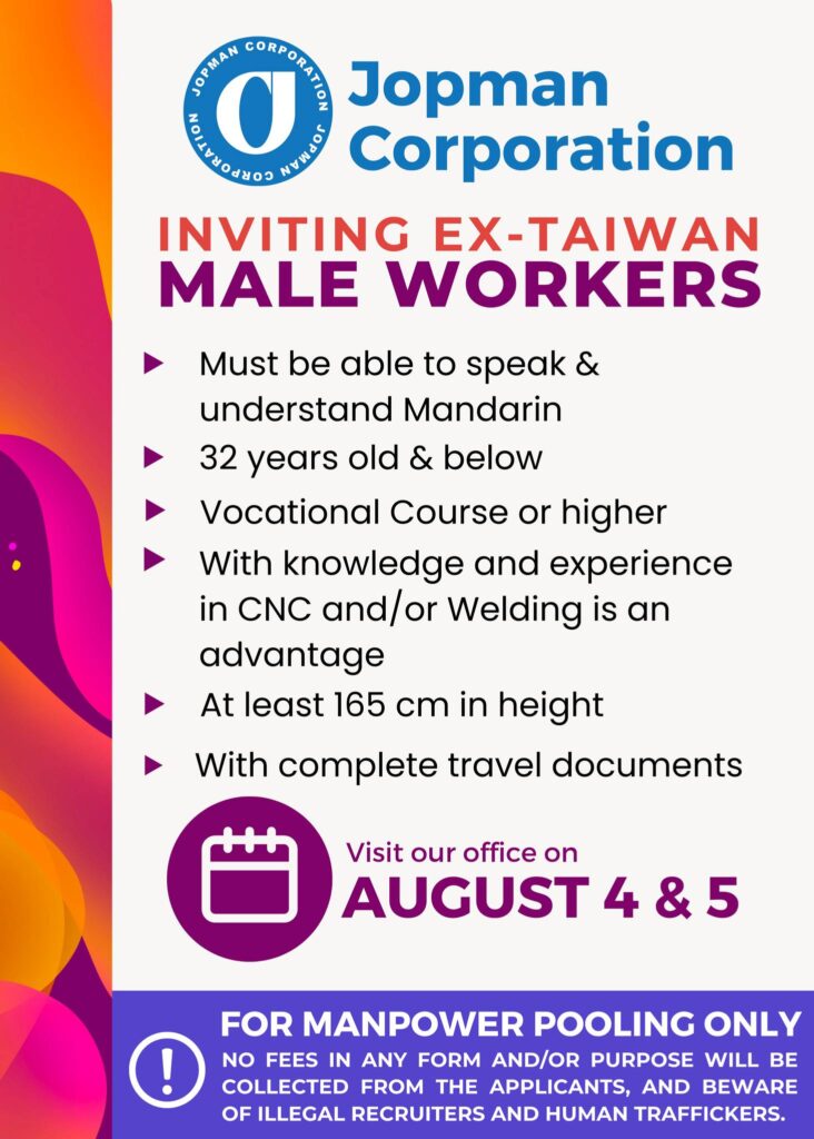 Hiring Ex-Taiwan Workers under Jopman Corporation