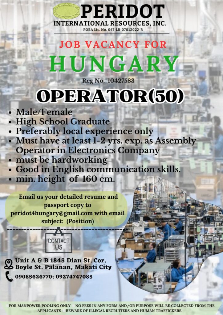 Hiring Machine Operator for Hungary under Peridot International ...