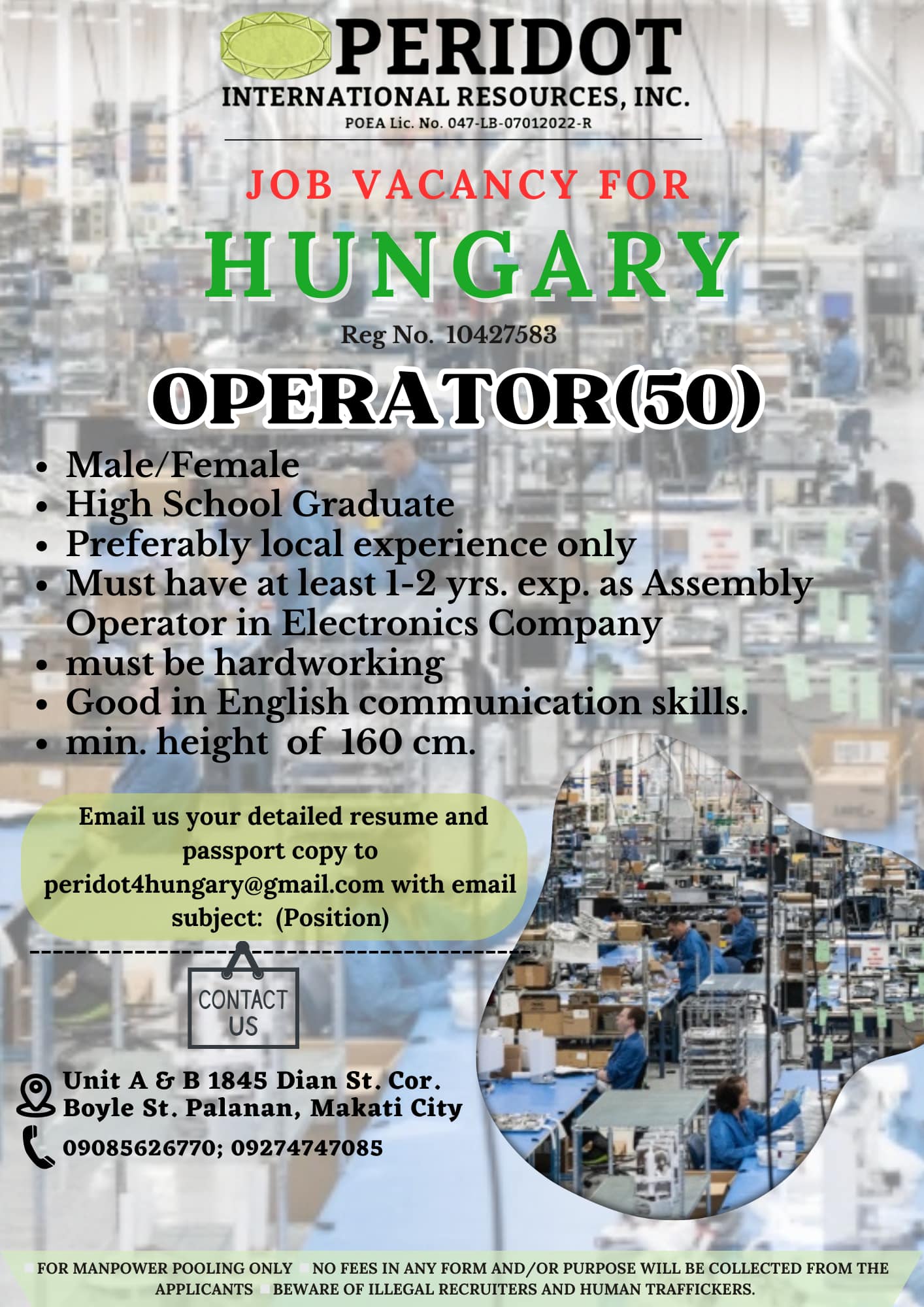Hiring Machine Operator for Hungary under Peridot International ... Hiring Machine Operator for Hungary under Peridot International ...
