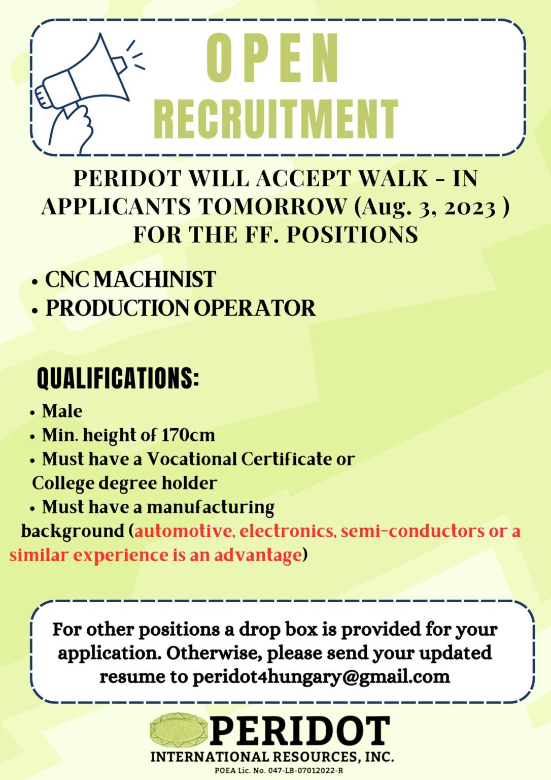 Hiring Factory Workers for Europe under Peridot International Resources ...