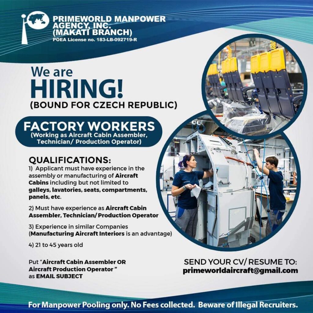 Hiring Aircraft Cabin Assembler, Technician / Production Operator for ...