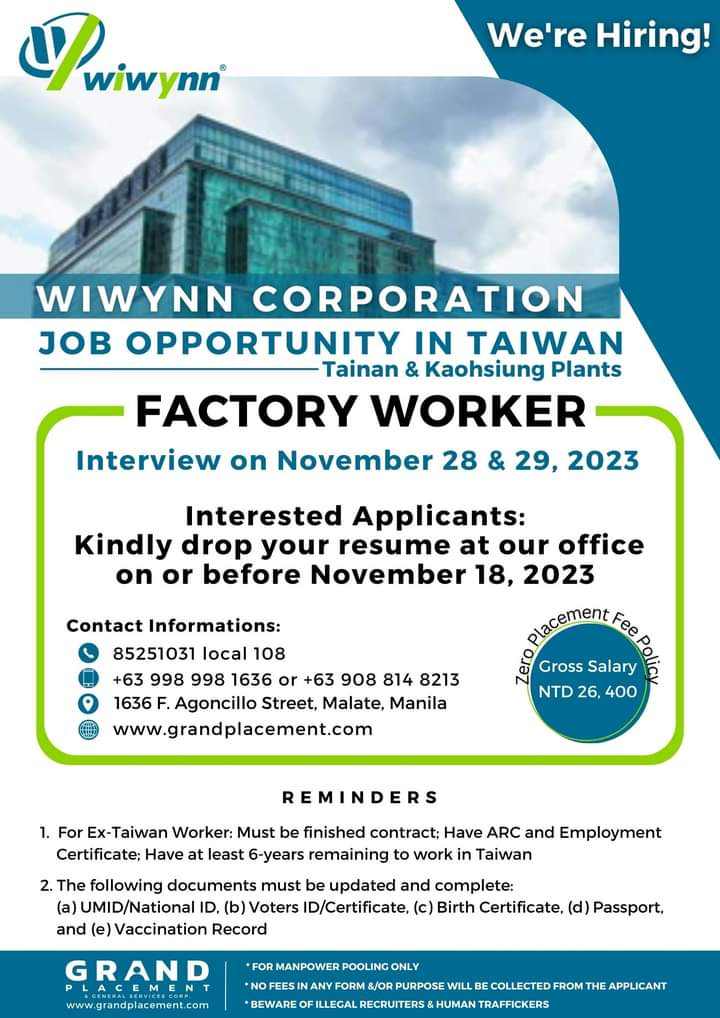 Hiring Factory Workers for Wiwynn Corporation under Grand Placement ...