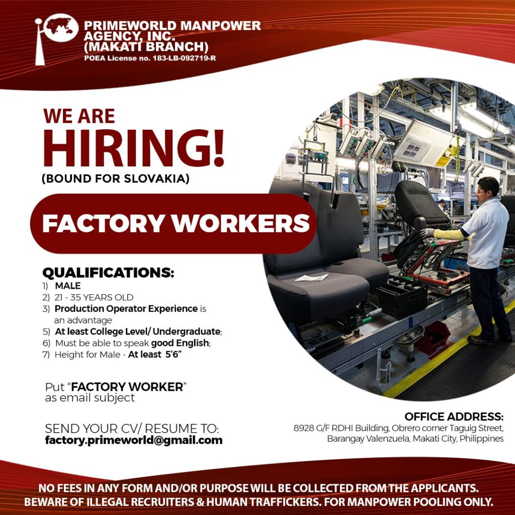 Hiring Factory Workers for Slovakia under Primeworld Manpower Agency ...