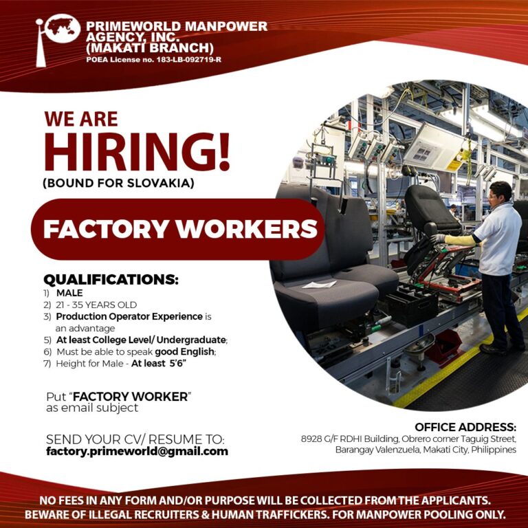 Hiring Factory Workers for Slovakia under Primeworld Manpower Agency ...