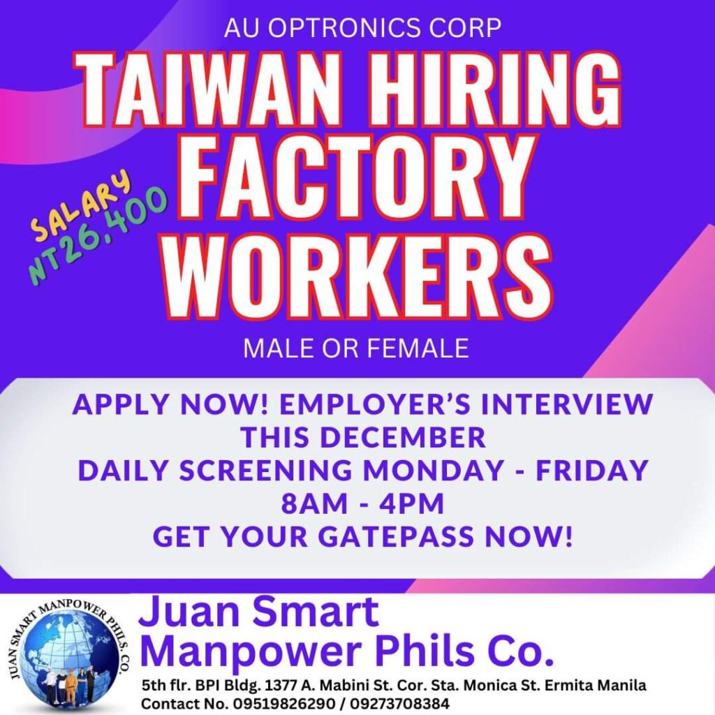 Taiwan Hiring Factory Workers for AU Optronics Corporation