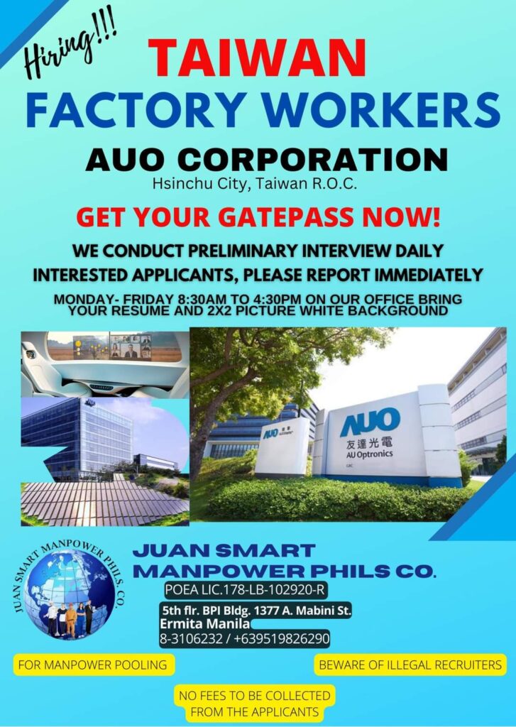 Taiwan Hiring Factory Workers for AU Optronics Corporation