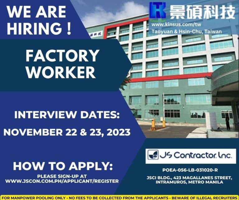Taiwan Hiring Factory Workers for Kinsus Interconnect Technology Corporation