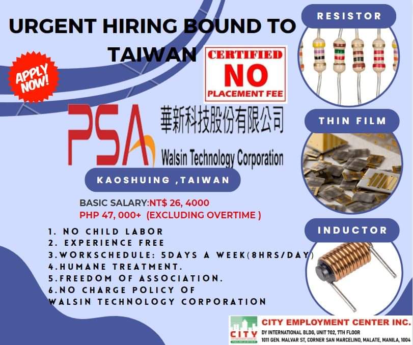 Taiwan Urgent Hiring Factory Workers for Walsin Technology Corporation