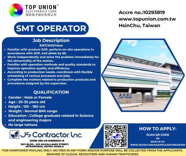 Hiring SMT Operator for Top Union Electronics Corporation