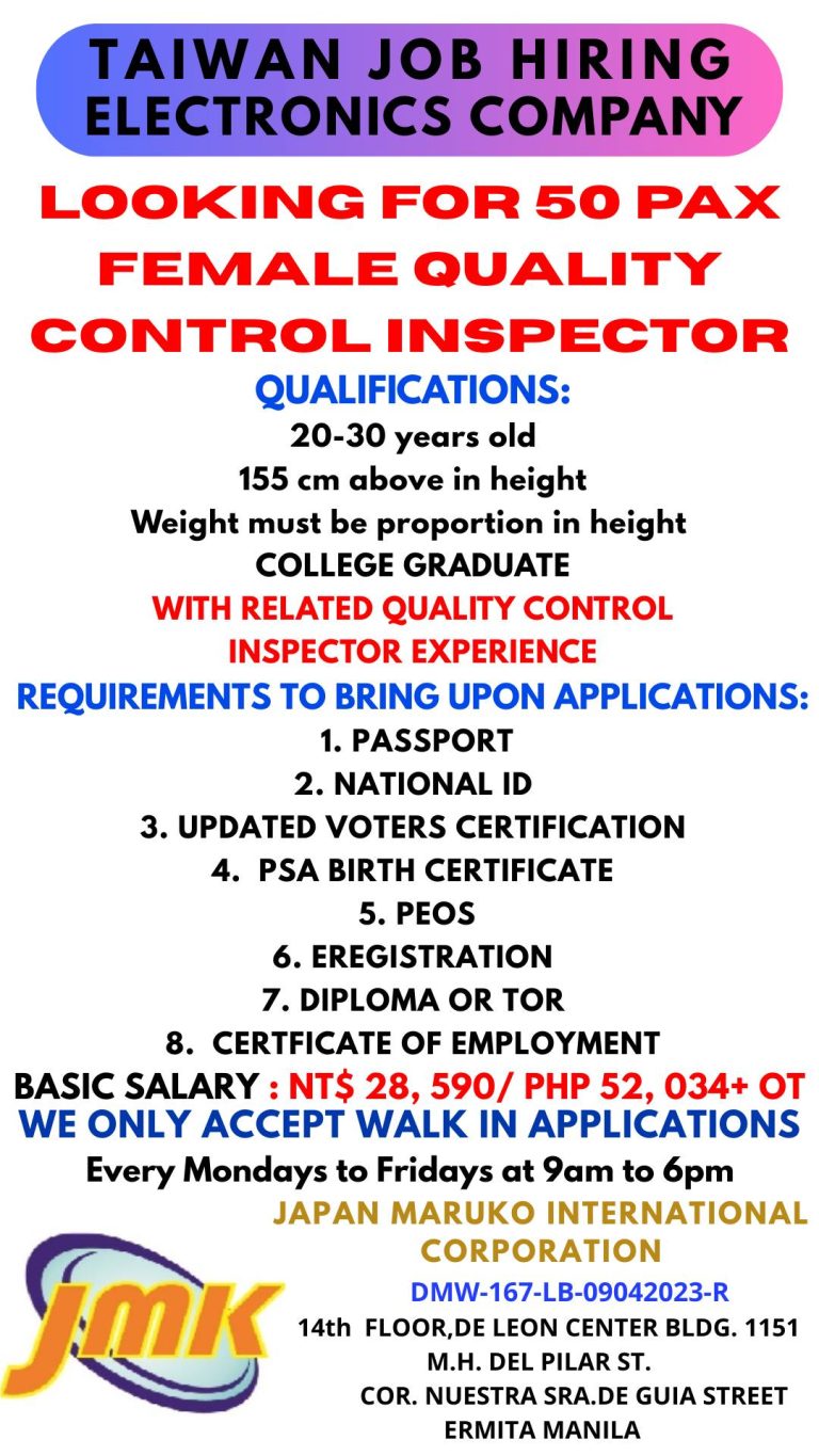 Taiwan Hiring Quality Control Inspector for Electronics Company