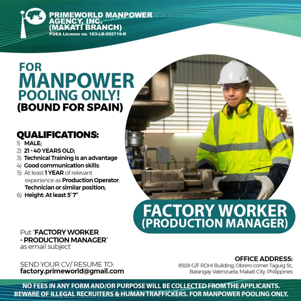 Hiring Factory Workers for Spain under Primeworld Manpower Agency, Inc.