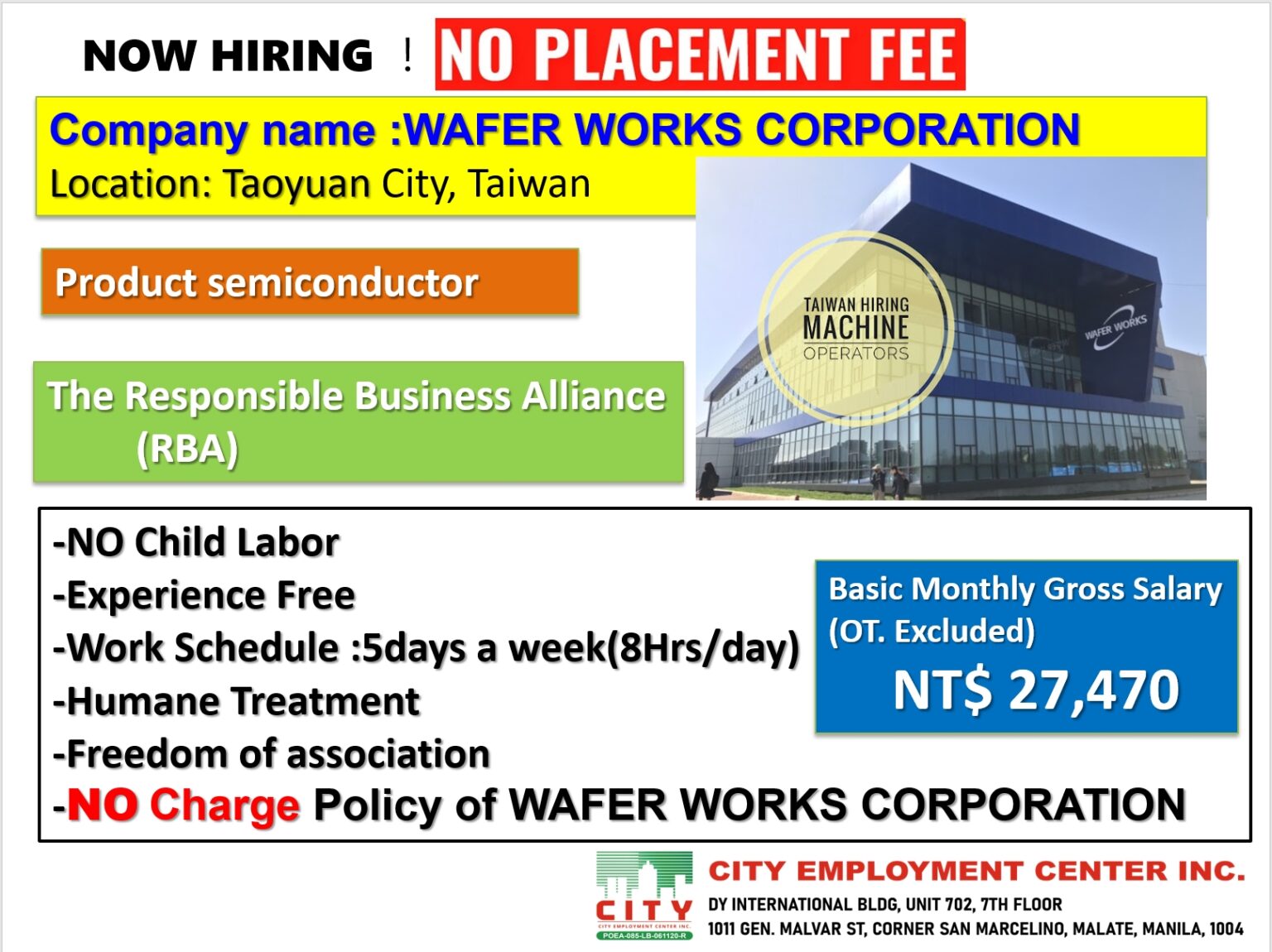 Taiwan Hiring Factory Workers for Wafer Works Corporation