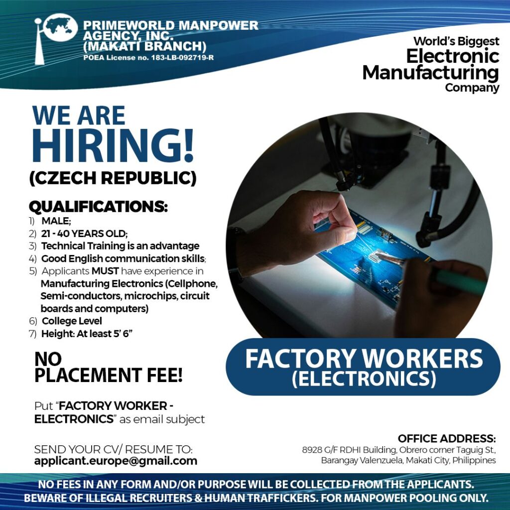 Hiring Factory Workers for Electronics bound to Czech Republic