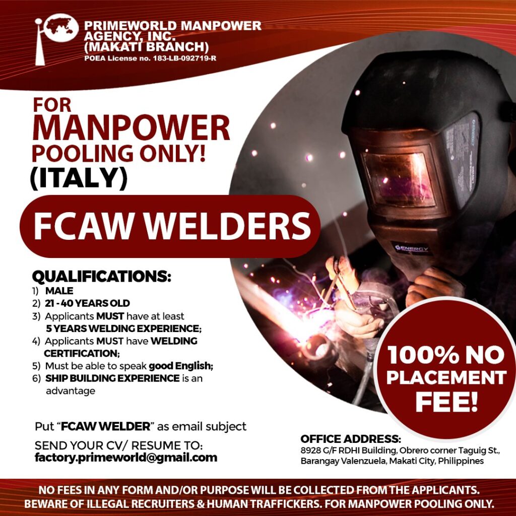 Hiring Welders for Italy under Primeworld Manpower Agency, Inc.