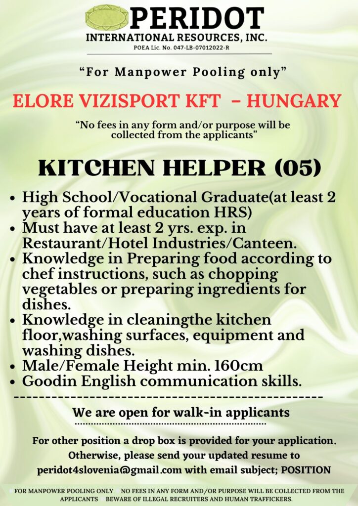 Hiring Kitchen Helper for Elore Viziport Kft