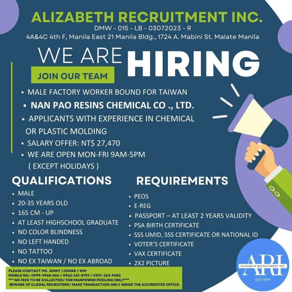 Taiwan Hiring Factory Workers for Nan Pao Resins Chemical Co., Ltd.