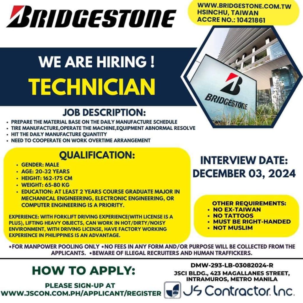 Taiwan Hiring Factory Workers for Bridgestone Taiwan - Pinoy Refresher 2016