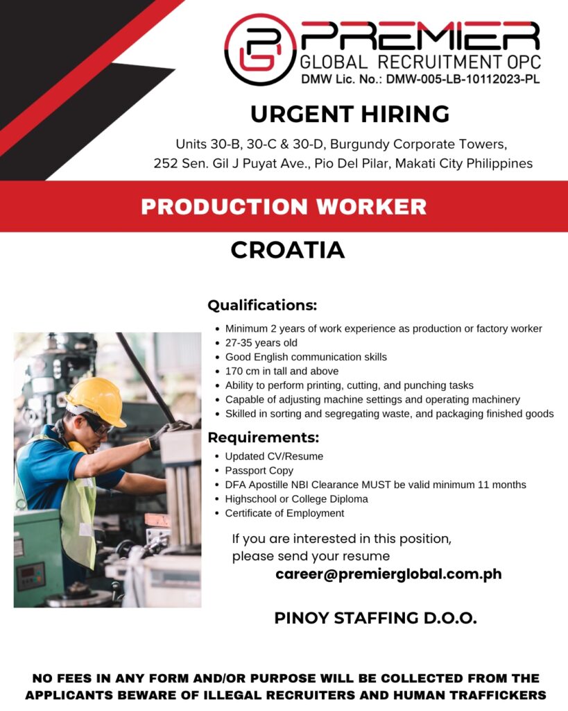 Croatia Hiring Production Workers