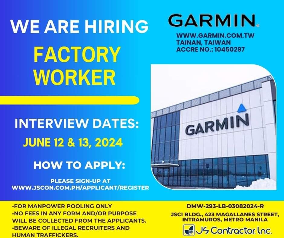 Taiwan Hiring Factory Workers for Garmin Company