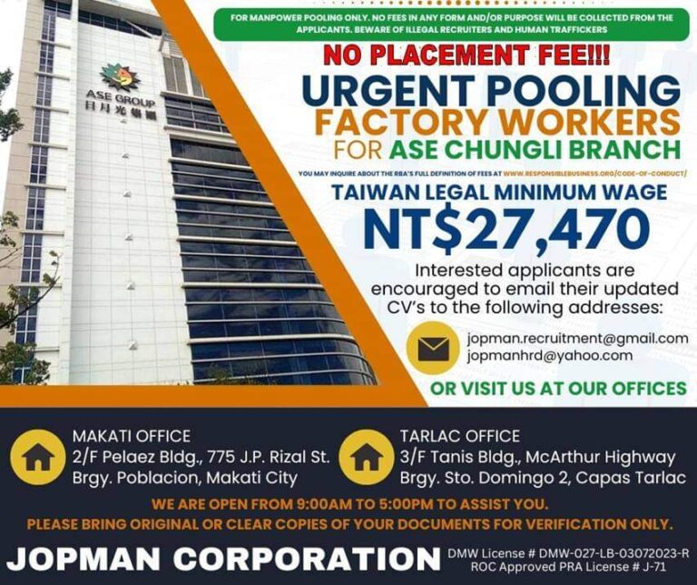 Taiwan Hiring Factory Workers for ASE Chungli