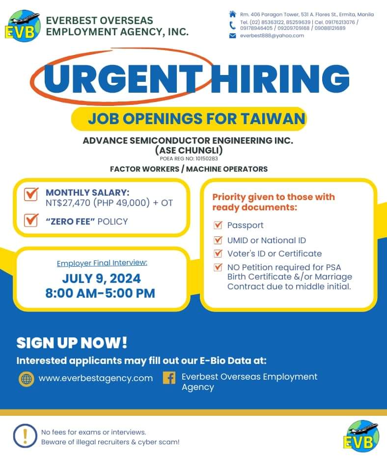 Taiwan Hiring Production Operator for ASE Chungli