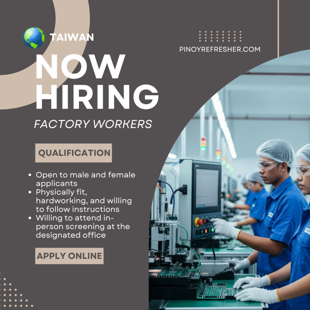 Hiring Factory Workers in Taiwan – Apply via JOPMAN Corporation ...