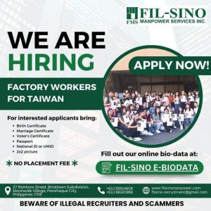 Taiwan Hiring Production Operator under Fil-Sino Manpower Services, Inc ...